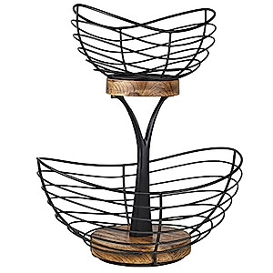 Modern Farmhouse 2 Tier Fruit Basket for Kitchen Counter, Vintage Wire and Wooden Base Fruit Bowl/Stand for Kitchen countertop Decor - Double Tree Fruit & Vegetables Basket