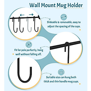 HOMEBROS Coffee Mug Rack, Black Metal Coffee Cup Holder Wall Mounted Hanging Coffee Mug Holder with 10 Mug Hooks Space Saving Kitchen Coffee Bar Mug Hanger Tea Cup Holder for Storage & Display - 2 Pcs