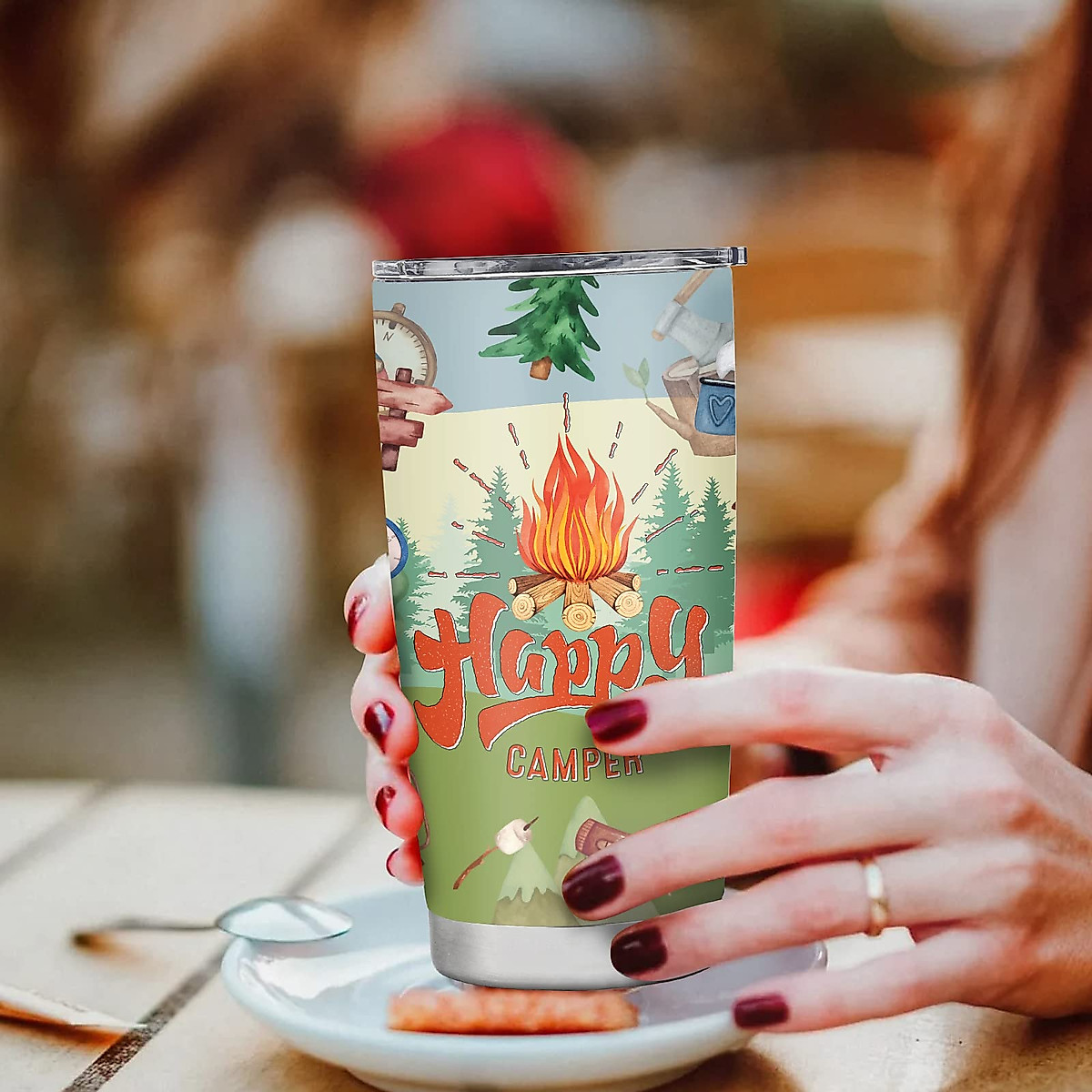 Delsakhula Happy Camper Tumbler - Insulated Stainless Steel Travel Mug With Lid - 20 OZ Gift for Women Men - Birthday Coffee Cup