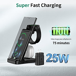 3 in 1 Charging Station for Samsung, 25w PD Super Fast Charger for Samsung Galaxy S23 Ultra/S22/21/Note20/Z Fold5/4/3, Galaxy Buds2Pro/Plus/Liv, Wireless Charger for Galaxy Watch 6/5 pro/4/3/Active2
