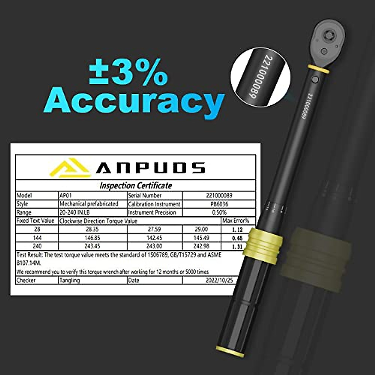 ANPUDS 1/4 Inch Drive Click Torque Wrench, 20-240 in.lb/2.3-27.1 Nm, Small Bike Torque Wrench, Lightweight 72-Tooth Dual-Direction Inch Pound Torque Wrench, MTB Mountain Road Bicycle Maintenance Tool