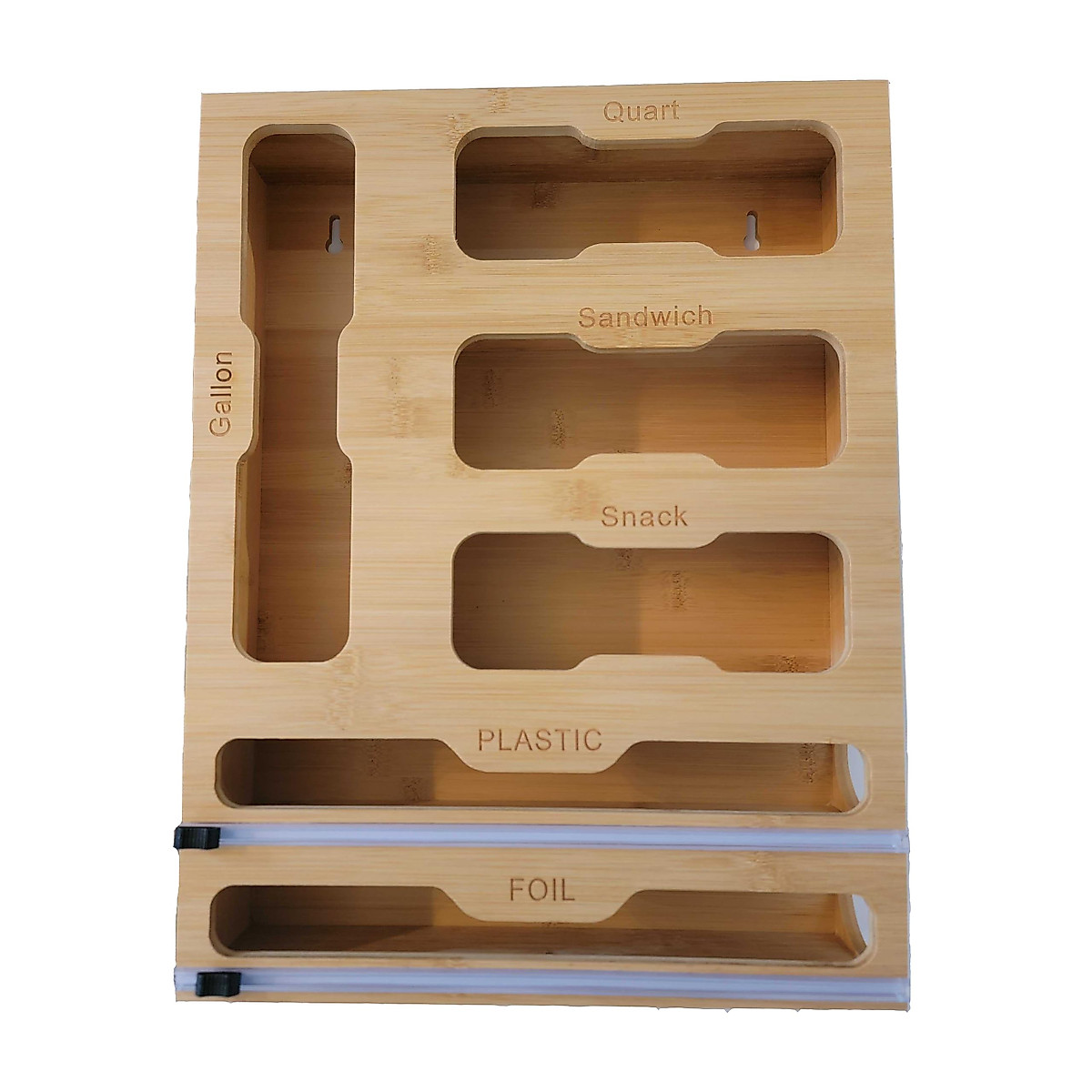 Wall Mount Ziplock Bag + Foil & Plastic Wrap Organizer - Premium Bamboo Organizer for Ziplock Bags, Foil & Plastic Wrap Dispenser | Kitchen Organization & Storage | 12" X 2.125" Standard Rolls only