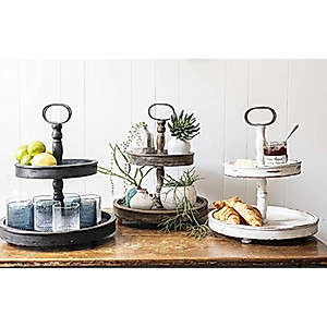 Creative Co-op EC0112 Distressed Wood 2-Tier Tray with Metal Handle, Black