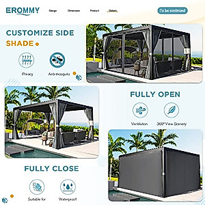 EROMMY 10' x 12' Outdoor Louvered Pergola, Patio Hardtop Gazebo, Sun Shade Shelter, Adjustable Metal Roof Hardtop Gazebo for Deck Patio Garden Yard, Curtains and Netting Included, Black