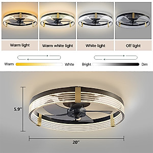 GOSONKT 19.7" Low Profile Ceiling Fan with Lights and Remote, Modern Flush Mount LED Stepless Dimmable, Reversible Blades,6 Speeds Timing for Bedroom, Indoor Use - Black