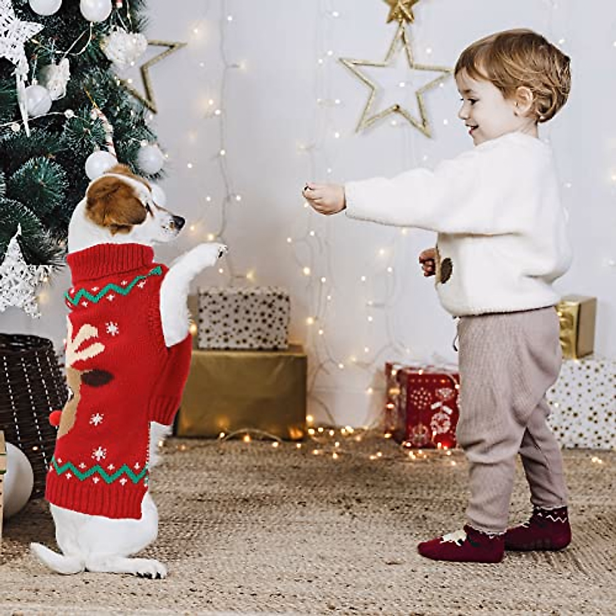 YUEPET Christmas Dog Sweaters Pullover, Reindeer Snowflake Christmas Dog Outfits with Leash Hole, Classic Turtleneck Dog Clothes for Puppies Medium Dogs(S)