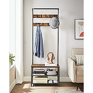 VASAGLE Hall Tree with Bench and Shoe Storage, Entryway Bench with Coat Rack Stand and Shoe Rack, 9 Removable Hooks, Top Bar, Fabric Shelves, Industrial, Rustic Brown and Black UHSR411B01
