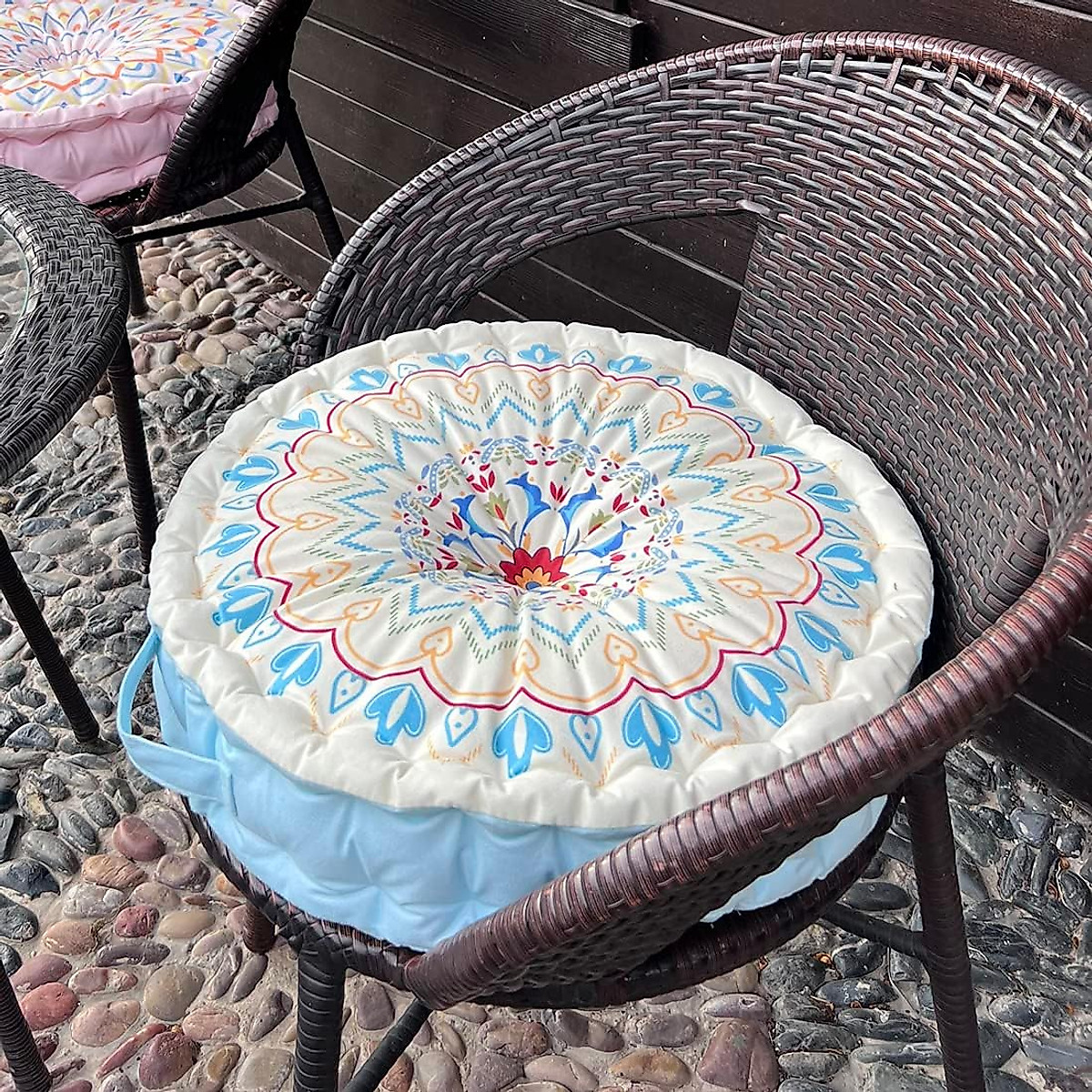 vctops Boho Print Round Chair Pad with Handle Soft Velvet Chiar Cushion Floral Pattern Thicken Seat Cushion for Dining Chairs, Office Chairs, Hardwood Floors (Blue A,16"x16")