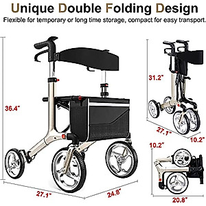 Healconnex Luxury Rollator Walkers for Seniors-Bulit-in Cable Rollator Walker with Seat, 10"Large Wheels,Aluminium Lightweight Senior Walker with Soft Rubber Handle,Padded Seat and Backrest