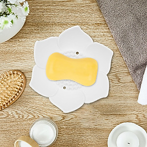 Dohia Soap Dishes with Draining Lotus Shower Steamer Tray Silicone Bathroom Soap Tray with Drain Non-Slip Soap Holder Floral Shaped Soap Saver D1-LHXZH (White)