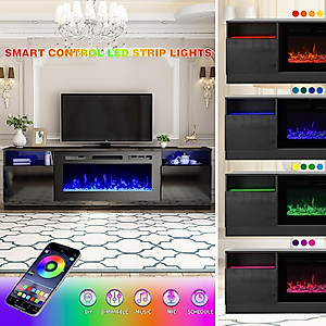 EROMMY 70'' Fireplace TV Stand with 36'' Electric Fireplace, Entertainment Center with 16 Color Led Lights and 12 Flame Fireplace Insert Heater, TV Console for TVs up to 80'' for Living Room, Black