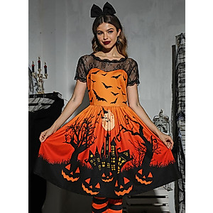 Spadehill Women Halloween Swing Party Costume Vintage Lace Sleeves Pumpkin Bat Witch Dress Pumpkin Castle Orange S