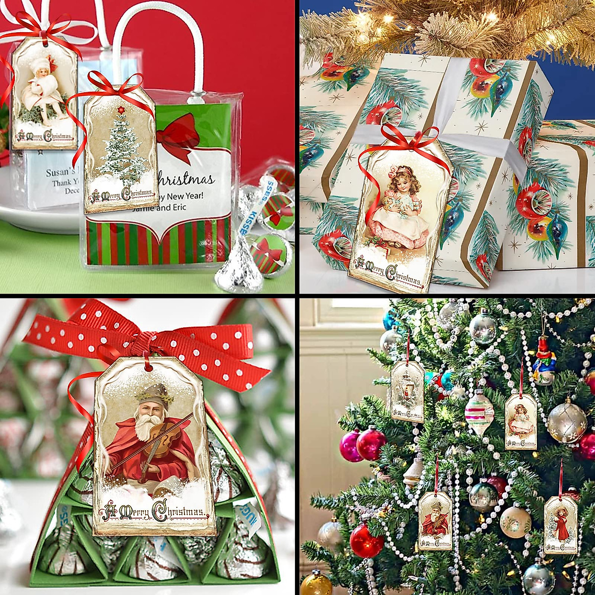 60 Vintage Christmas Tags, Merry Christmas Gift Tags, Retro Xmas Paper Tags with String, Christmas Journal Planner Tags Party Supplies