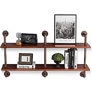 ivinta Industrial Pipe Shelves with Wood 2-Tiers, Rustic Wall Mount Shelf, Metal Hung Bracket Bookshelf, DIY Storage Shelving Floating Shelves