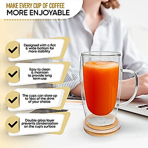 Double Walled Glass Coffee Mugs By Chef"s Unique Insulated Coffee Mugs With Handle And Bamboo Lid, Clear Glass Cups For Coffee Tea Latte Cappuccino Espresso 16 OZ (Set of 2)