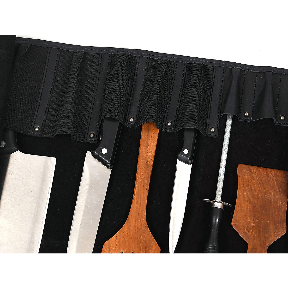 Aaron Leather Goods Leather Knife Roll Storage Bag | Elastic and Expandable 10 Pockets | 6 Leather Pocket | Travel-Friendly Chef Knife Case Roll (Raven, Leather)