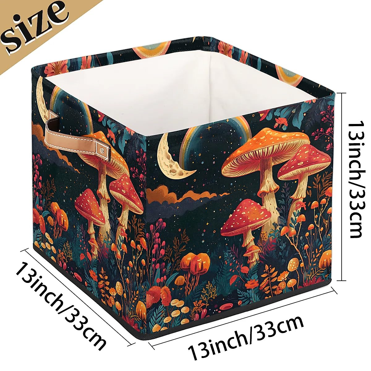 Mardesigns Mushroom Cube Storage Bins 13 x 13 x 13 Inch Botanical Floral Moon Fabric Foldable Storage Cubes Basket Boxes with PU Handles for Shelves Closet Bedroom Organizer Clothes