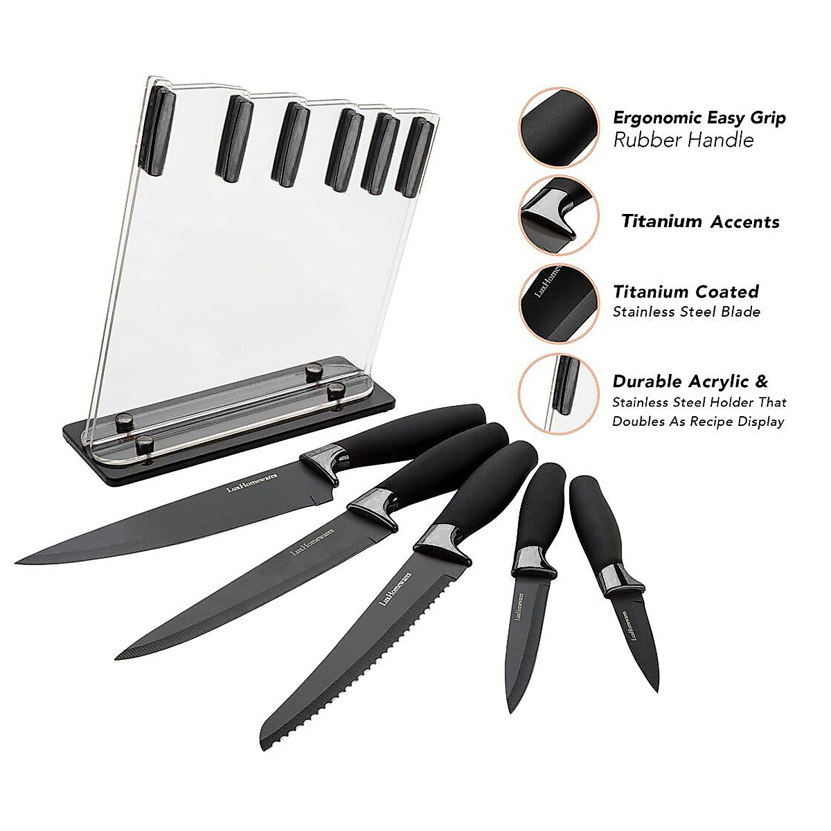 Luxhomewares 6 Piece Knife Set | 5 Beautiful Black Titanium Knives with Block Sharp Kitchen Sets Multiple Size, All Purpose 8 inch Chef, Bread, & Carving Utility Paring