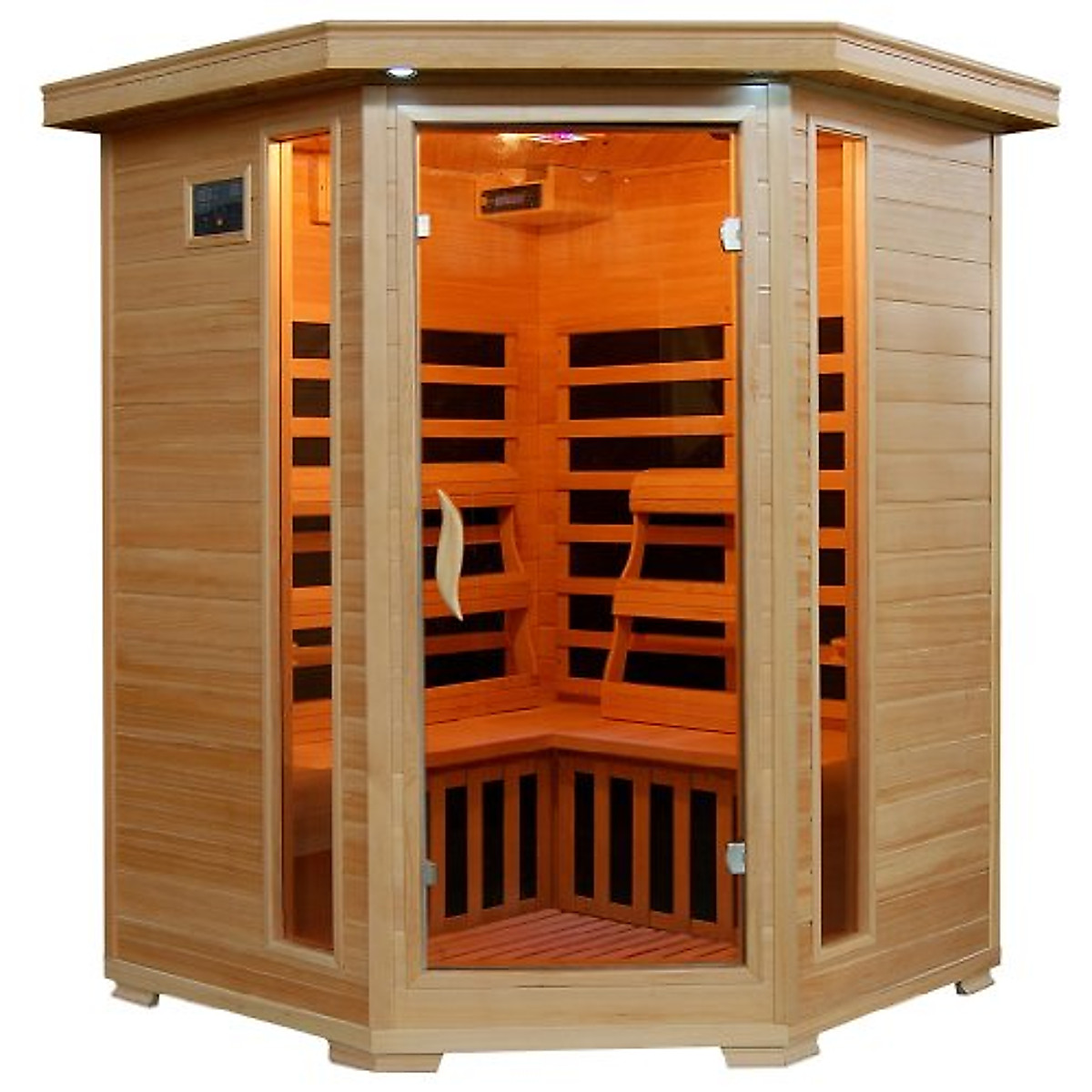 Blue Wave 3-Person Hemlock Corner Infrared Sauna w/ 7 Carbon Heaters,Brown