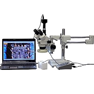 AmScope SM-4TZ-80AM-5M Digital Professional Trinocular Stereo Zoom Microscope, WH10x Eyepieces, 3.5X-90X Magnification, 0.7X-4.5X Zoom Objective, Eight-Zone LED Ring Light, Double-Arm Boom Stand, 110V-240V, Includes 0.5X and 2.0X Barlow Lenses and 5MP Cam