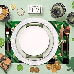 Tatuo 6 Pcs St. Patrick's Day Placemats Buffalo Plaid Placemats Lucky Clover Shamrock Blessed Table Mats Non Slip Heat Resistant Washable Place Mats for Kitchen Dining, 12 x 18 Inch (Stylish Style)