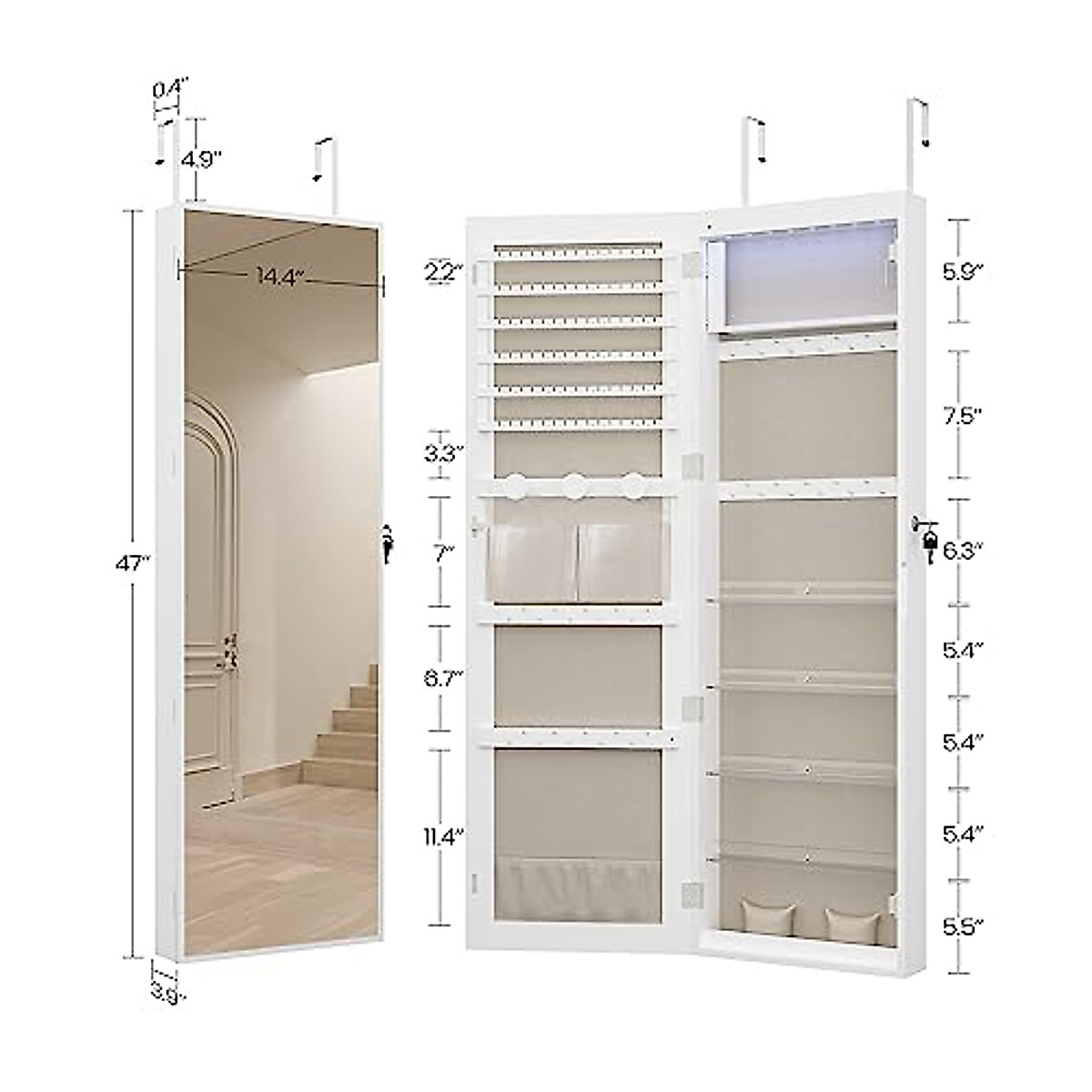 Hzuaneri 8 LEDs Mirror Jewelry Cabinet, 47.2-inch Jewelry Armoire Organizer, Wall/Door Mount Lockable Storage Cabinet with 6 Earrings Shelves, 2 Makeup Pockets, White and Beige JC12003BE