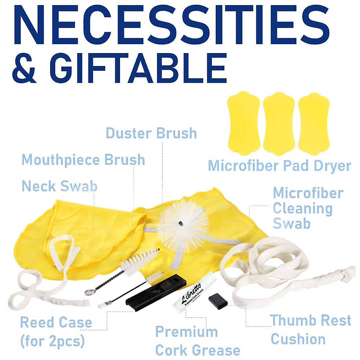 Libretto Alto Saxophone ALL-INCLUSIVE Giftable Care Kit: Mouthpiece Brush + Dust Brush + 2 Microfiber Cleaning Swab + Thumb Cushion + Premium Cork Grease + Reed Case, Handy Case, Extend Life of Sax!