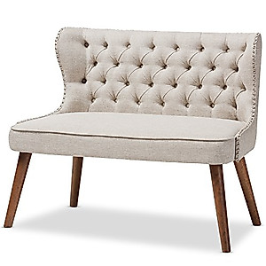 Baxton Studio Sydney Walnut Wood Button-Tufting with Nailheads Trim 2-Seater Loveseat Settee, Light Beige