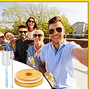 16 oz Beer Glasses Lids with Straw Hole Drinking Glass Cups Anticorrosion Beer Can Cups Lids Bamboo Lids with Brush for 16 oz Canned Beer Glasses Jar Glasses and Cans (12 Pack)