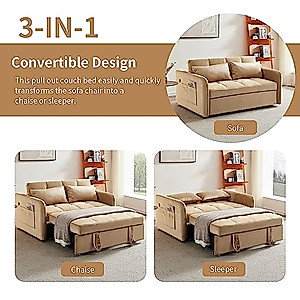 NIOIIKIT 3-in-1 Convertible Sleeper Sofa Bed, Modern Velvet Loveseat Sofa Couch, Chaise Lounge with Adjustable Backrest, Pillows, Pocket, Pull Out Bed for Living Room, Bedroom (Khaki)