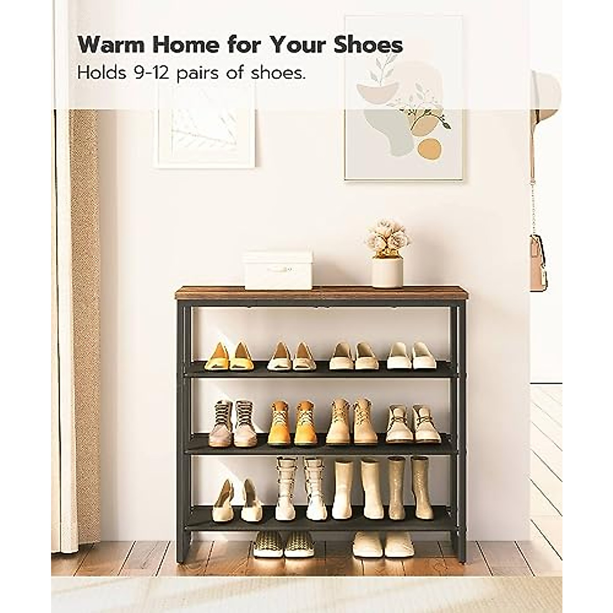 HOOBRO Shoe Rack, 4 Tier Shoe Storage Organizer, Shoe Shelf with 3 Oxford Fabric Shelves and Top Panel, Holds 12-16 Pairs of Shoes, for Entryway, Closet, Steel Frame, Industrial, Rustic Brown BF47XJ01G1