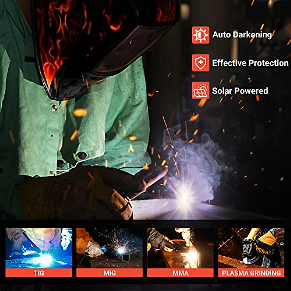 DEKOPRO Welding Helmet Solar Powered Auto Darkening Weld Hood Wide Shade 4/9-13 for TIG MIG ARC Welder Mask