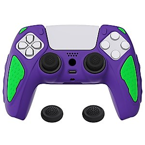 PlayVital Knight Edition Neon Genesis Purple & Green Two Tone Anti-Slip Silicone Cover Skin for ps5 Controller, Soft Rubber Case for ps5 Wireless Controller with Thumb Grip Caps