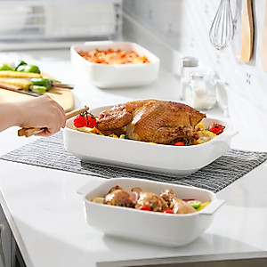 MALACASA Casserole Dishes for Oven, Porcelain Baking Dishes Set of 3, Durable Casserole Dish Set Lasagna Pan Deep, Ceramic Bakeware Sets with Handles, White (13.8''/11.7''/9.4''), Series Bake