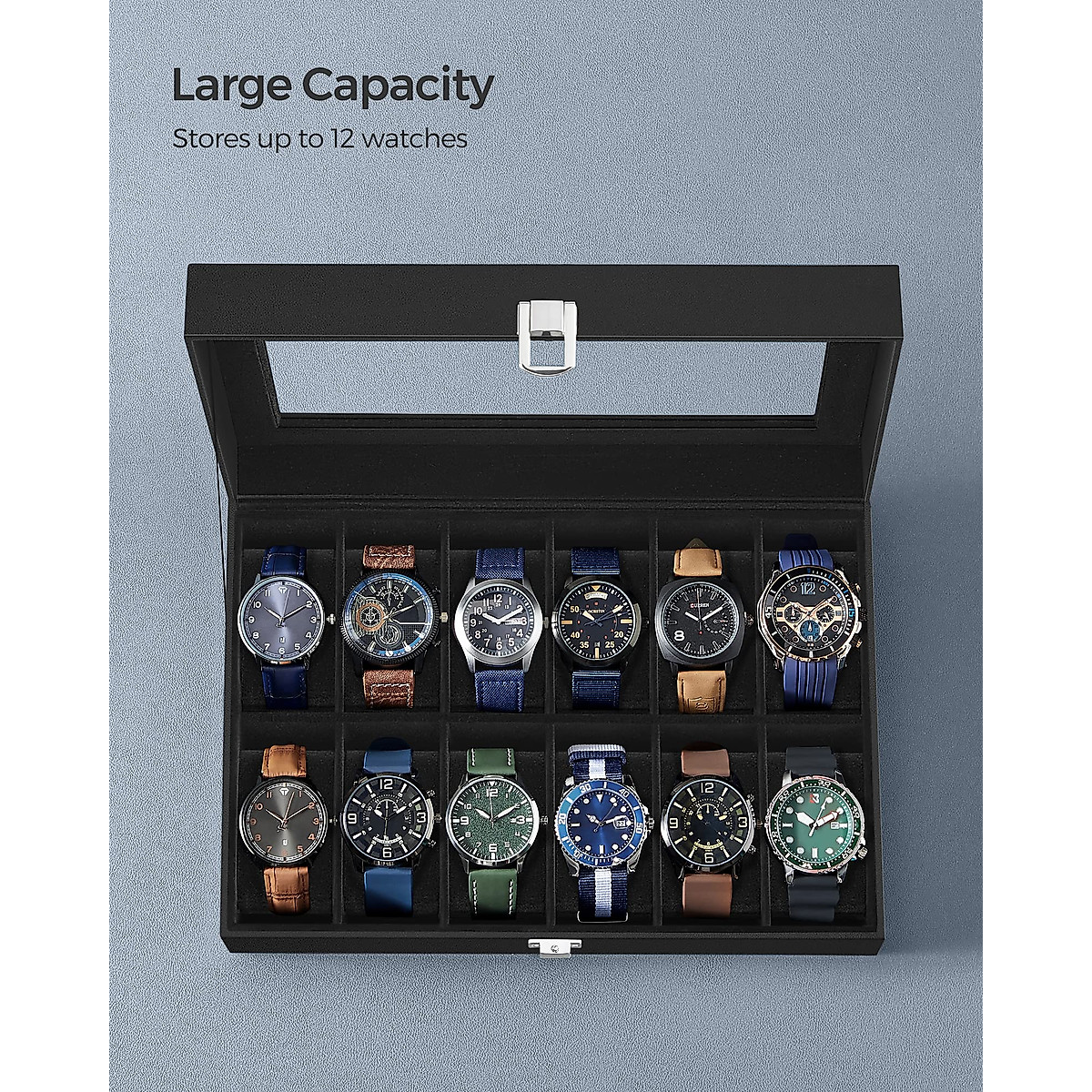 SONGMICS Watch Box, 12-Slot Watch Case with Large Glass Lid, Removable Watch Pillows, Watch Box Organizer, Gift for Loved Ones, Black Synthetic Leather, Black Lining UJWB012B01