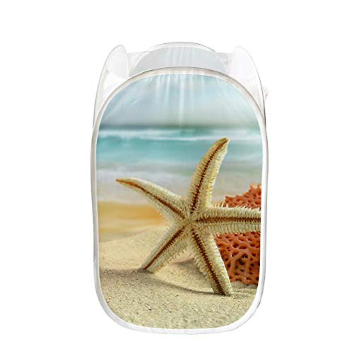 NDISTIN Strong Mesh Pop-Up Laundry Hamper for Kids Teen Beach Starfish Print with Convenient Side Pockets Foldable Laundry Basket for Bedroom, Kids Room, College Dormitory and Travel 85L