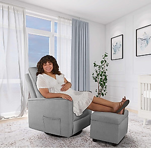 Evolur Aria Upholstered Plush Seating Swivel with Ottoman Greenguard Gold Certified Glider Chair for Modern Nursery, with Side Pockets, Tool-Free Assembly, Easy to Clean, Earl Grey
