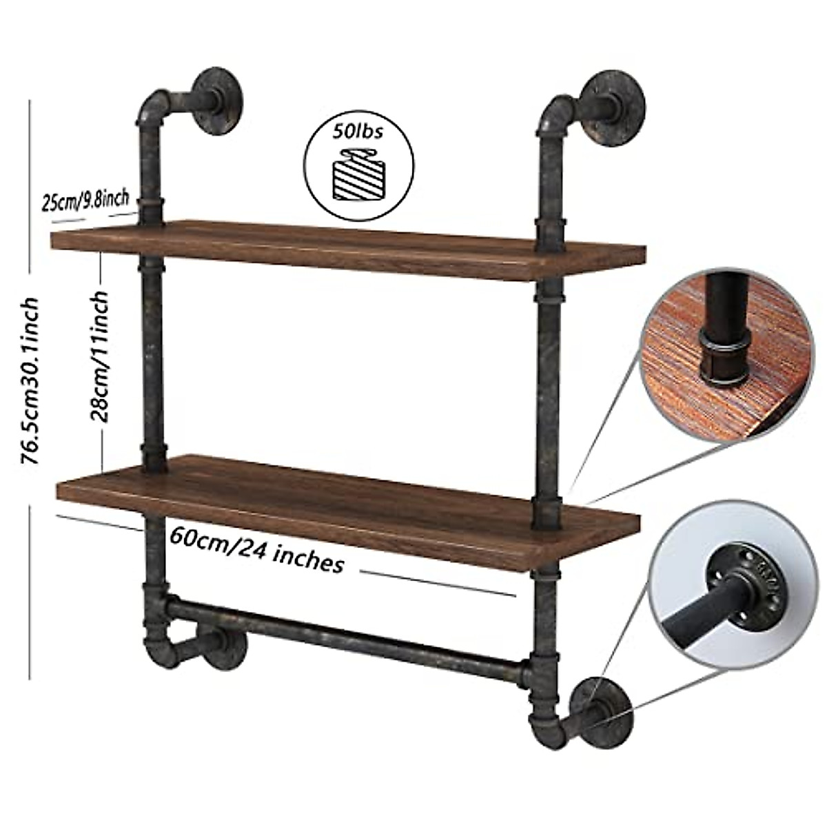 MCleanPin Industrial Pipe Shelves Wall Mount Bathroom Shelf with Towel bar Floating Shelf 2-Tiers 24 in, DIY Open Bookshelves,Metal Towel Rack Bookcase, Real Wood Storage Shelving