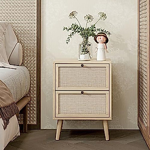Rattan Nightstand Set of 2, End Table rattan bedside table Side Table with 2 Hand Made Rattan Decorated Drawers Wood Accent Table with Storage 2-Drawer for Bedroom, Living Room, Natural 2 Pack
