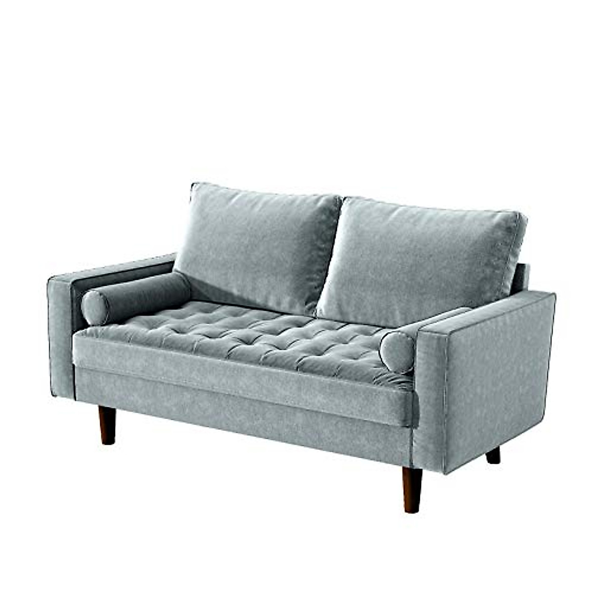 Container Furniture Direct Womble 58 Inch Velvet Loveseat Sofa with Elegant Button Tufted Upholstery, Square Arms, Splayed Wood Legs, Includes Matching Bolster Pillows, Steel Blue
