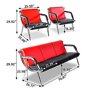 Bestmart INC Office Reception Sofa Set PU Leather Visitor Guest Sofa Executive Side Waiting Room Chair Set, one 3-Seat Sofa & Two 1-Seat Chair, Modern Red & Black