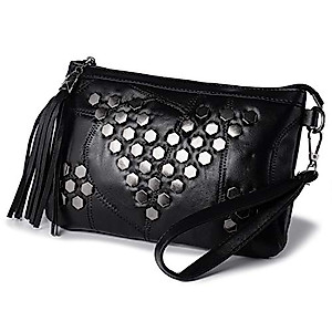 LaRechor Small Crossbody Purse for Women Rivets Clutch Handbag with Tassel Zip & Wrist Strap Bag