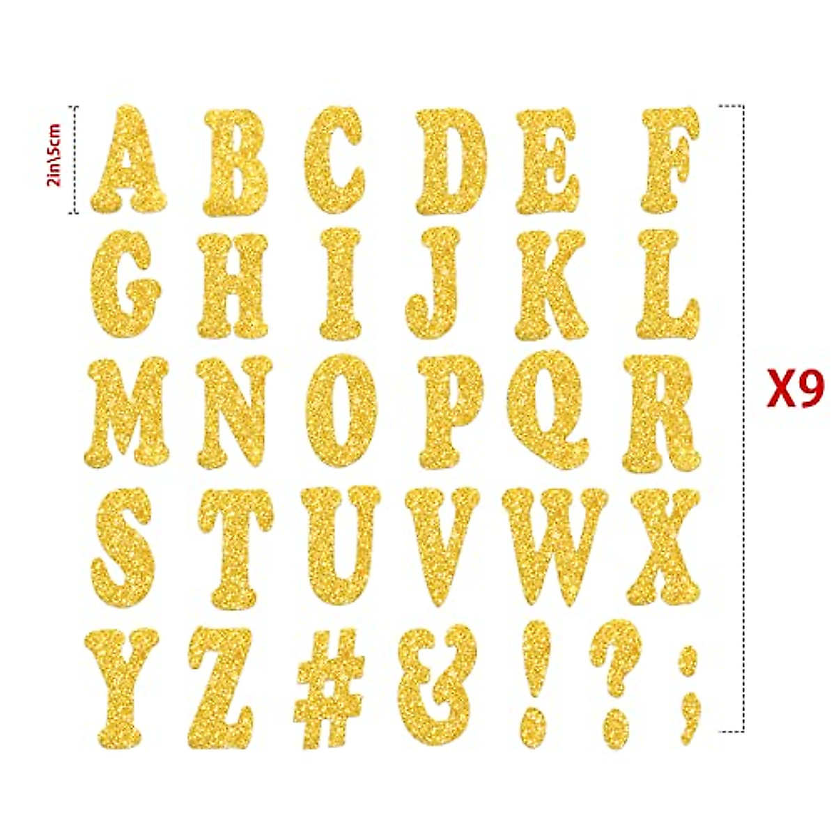 279 Pieces Graduation Iron on Letters 2 Inch A-Z Flock Letters Transfer Letters Christmas Stocking Letter Stickers Iron on Flocking Letters Alphabet for Graduation Cap Toppers (Glitter Gold)