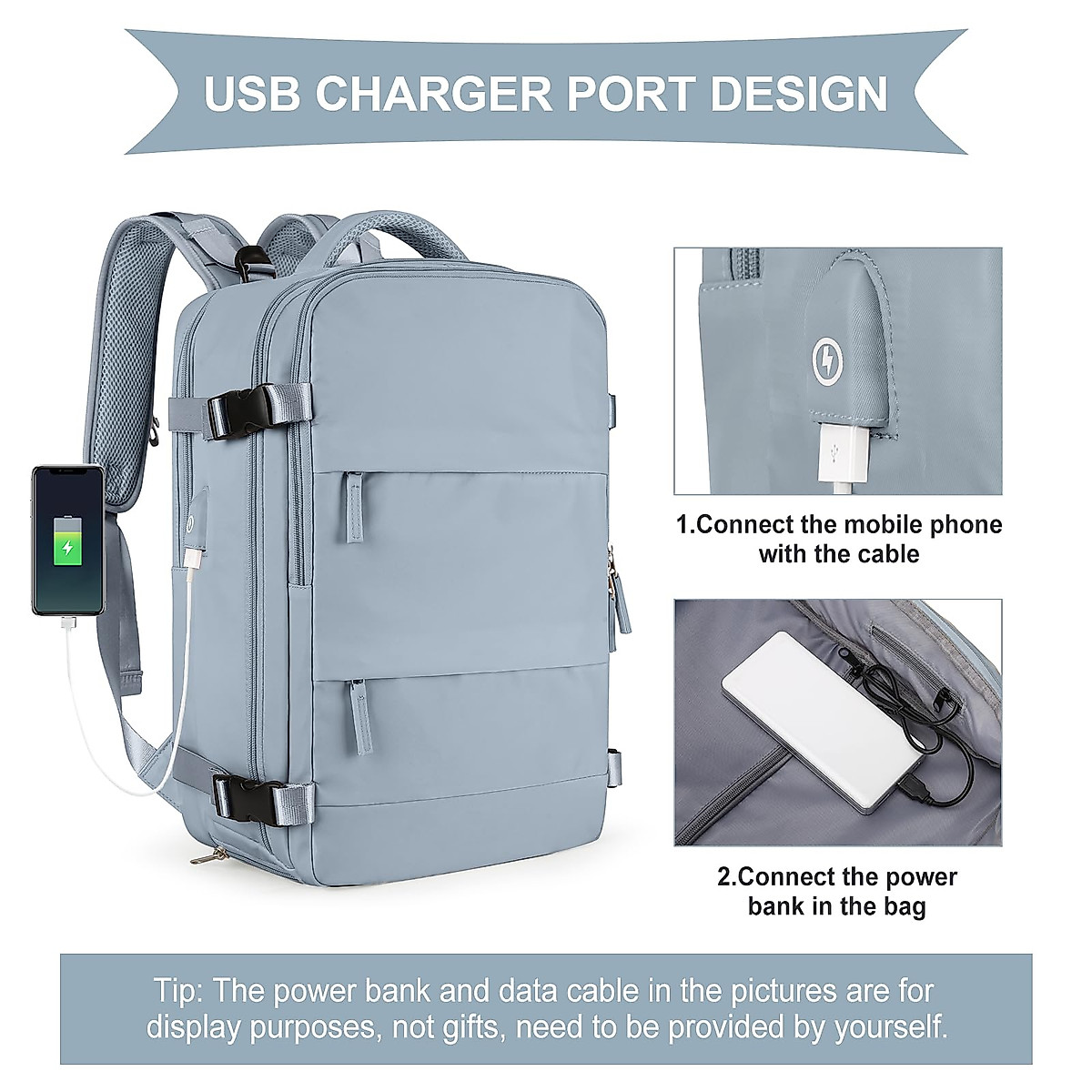 coowoz Large Travel Backpack For Women Men,Carry On Backpack Flight Approved,Hiking Backpack Waterproof Outdoor Rucksack Casual Daypack Fit 15.6 Inch Laptop Shoes Compartment (Gray Blue-L)