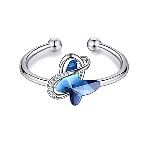 AOBOCO Infinity Butterfly Ring Sterling Silver Women Ring with Crystals from Austria, Fine Anniversary Birthday Butterfly Jewelry Gifts for Her(Blue)