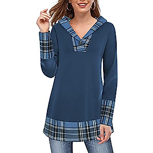 Tunic Sweatshirts for Women,Lotusmile Ladies Long Sleeve Lightweight V Neck Knit Pullover Long Hooded Tunics for Leggings Comfortable Cute Feminine Winter Warm Tops Plaid Elegant Hoodies for Fall