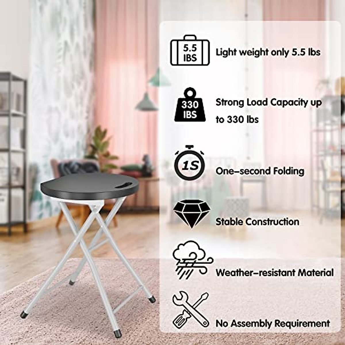 GYMAX Folding Stool, 28in Portable Collapsible Bar Stool with Handle & Steel Frame, 330lbs Sturdy Foldable Lightweight Round Metal Chair for Outdoor/Indoor Kitchen Home Pub Bar, Assembly Free (1)