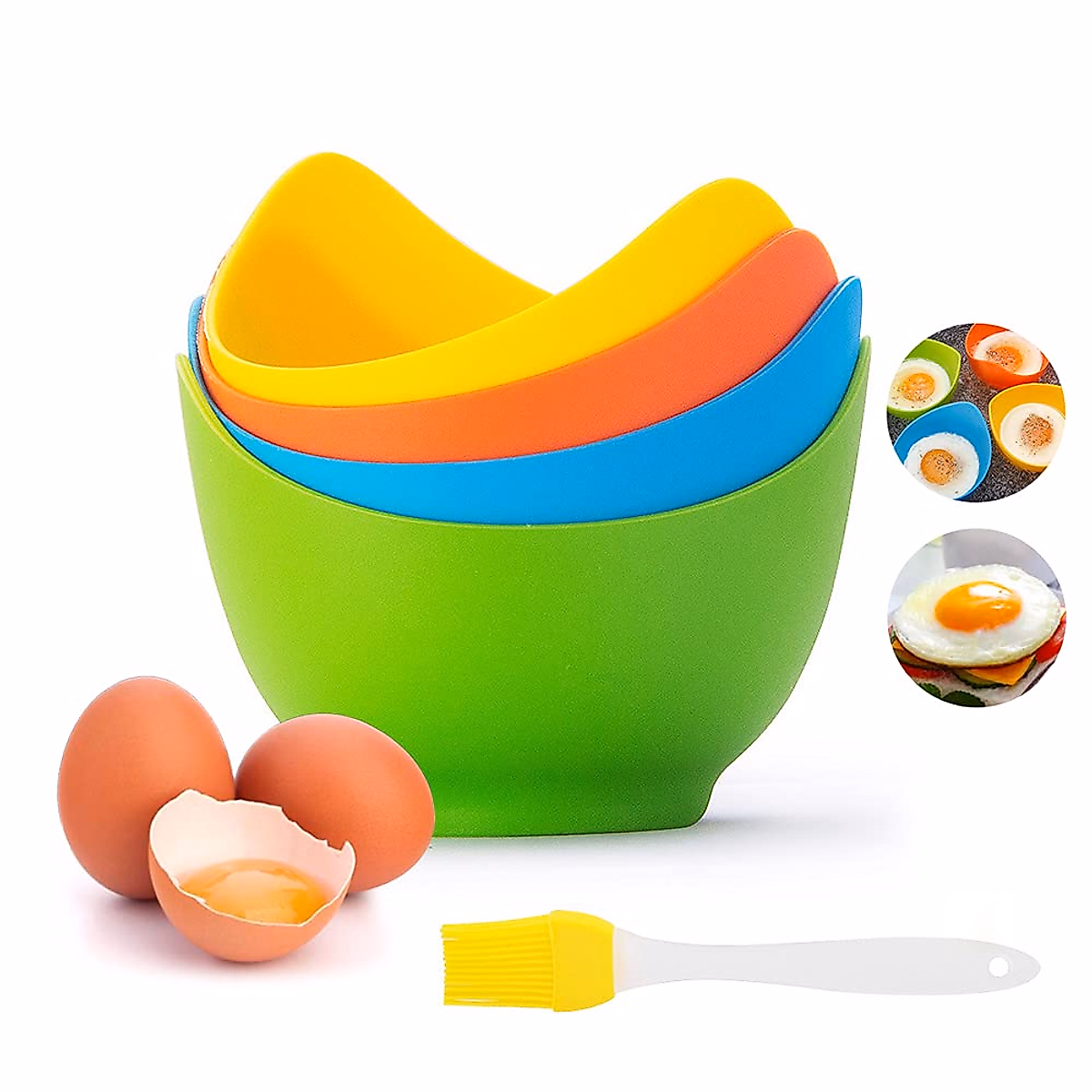 Guppy Egg Poacher Food Grade Nonstick Silicone Cups Egg Poaching Poached Egg Cooker with Ring Standers for Microwave or Stovetop Eggs Boiler Molds Poachers, BPA Free, Extra Silicone Oil Brush, 4 Pack