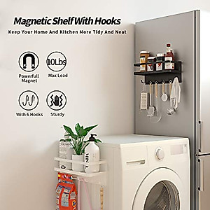 YJSMO 6 Hooks Magnetic Key Holder with Tray,Magnetic Key Hooks,Coat Hooks ,Magnetic Shelf for Keys,Letters, Magazines,Coats,Magnetic Key Rack,Used in Kitchen or Office,Made of Steel (White)