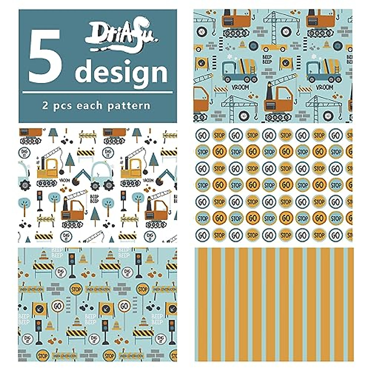 Dtiafu Construction Wrapping Paper - Birthday Gift Wrap Paper Bulk Folded Flat With Truck Tractor Traffic Signs Patterns for Boys Kids Baby - 20inch x 28inch Per Sheet(10 Sheets)